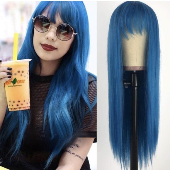 Hair | 22inch Greenish Blue Long Straight Bang Wig | Poshmark